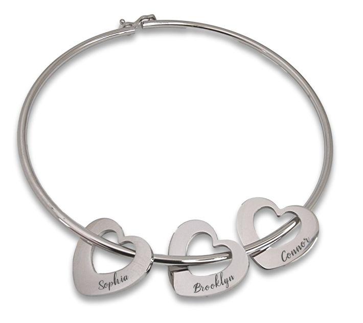 Stainless Steel Bangle with 3 Engraved Heart Charms – Charmed Jewellery